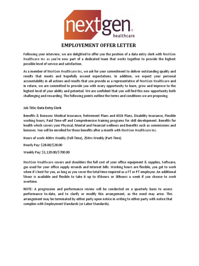 NextGen Healthcare Official Offer Letter | PDF | Employment | Health Care