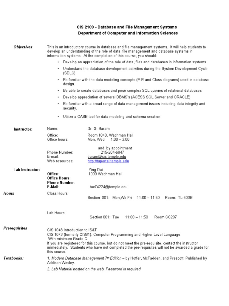CIS 2109 - Database and File Management Systems Department of Computer ...