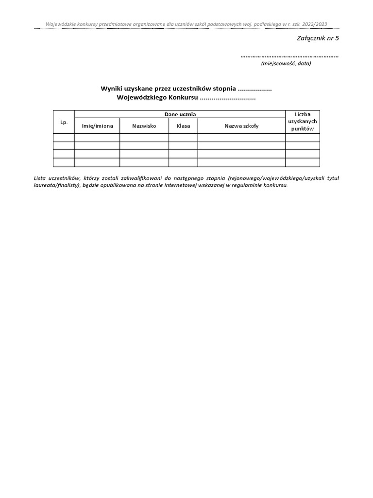 Zalacznik NR 5 Lista Z Wynikami | PDF