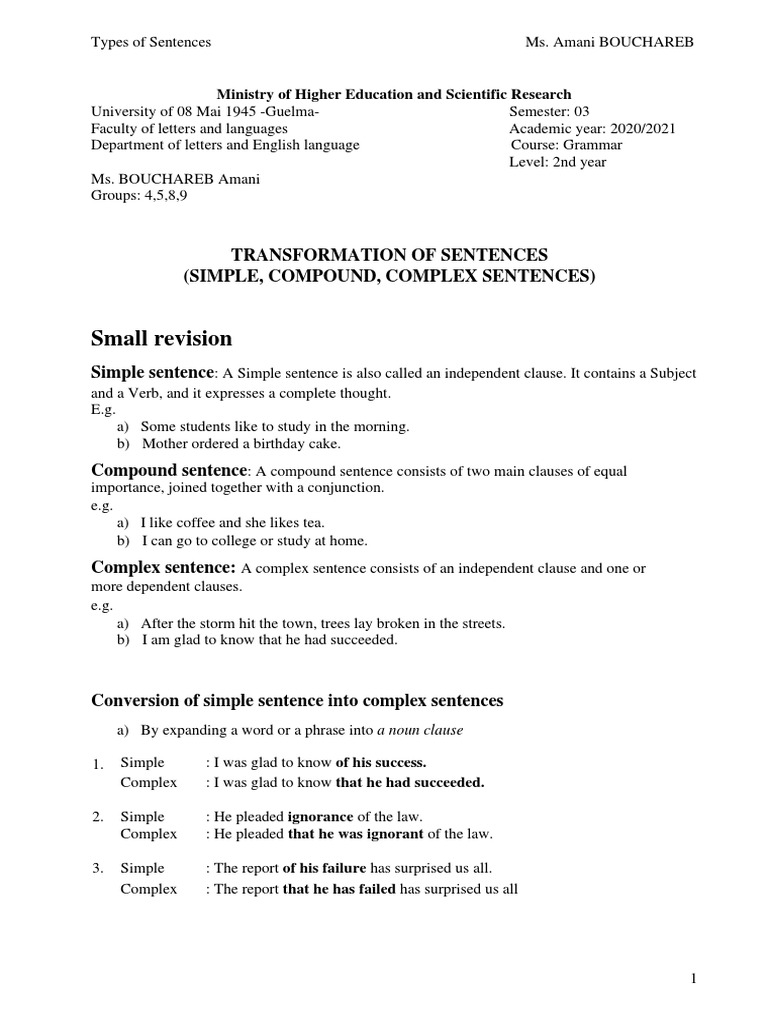 Sentence Transformation Techniques | PDF | Sentence (Linguistics) | Clause