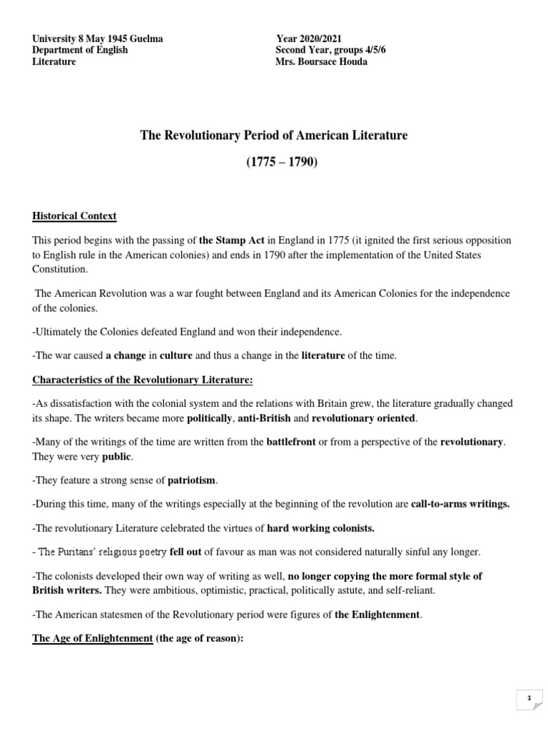 Lecture 3 The Revolutionary Period of American Literature | PDF | Age ...