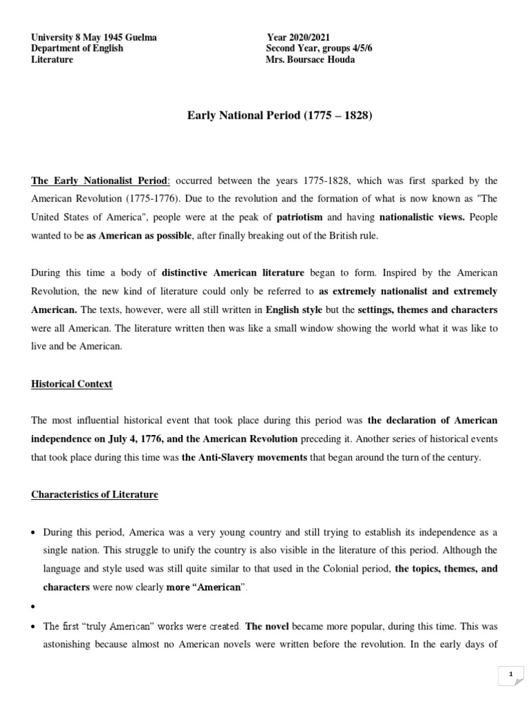 Early National Period in American Literature | PDF | American ...