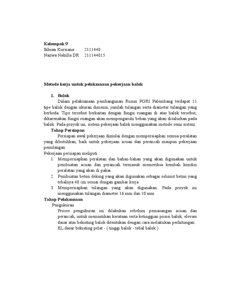 Metode Kerja Untuk Pelaksanaan Pekerjaan Balok Dan Pelat | PDF | Teknologi & Rekayasa