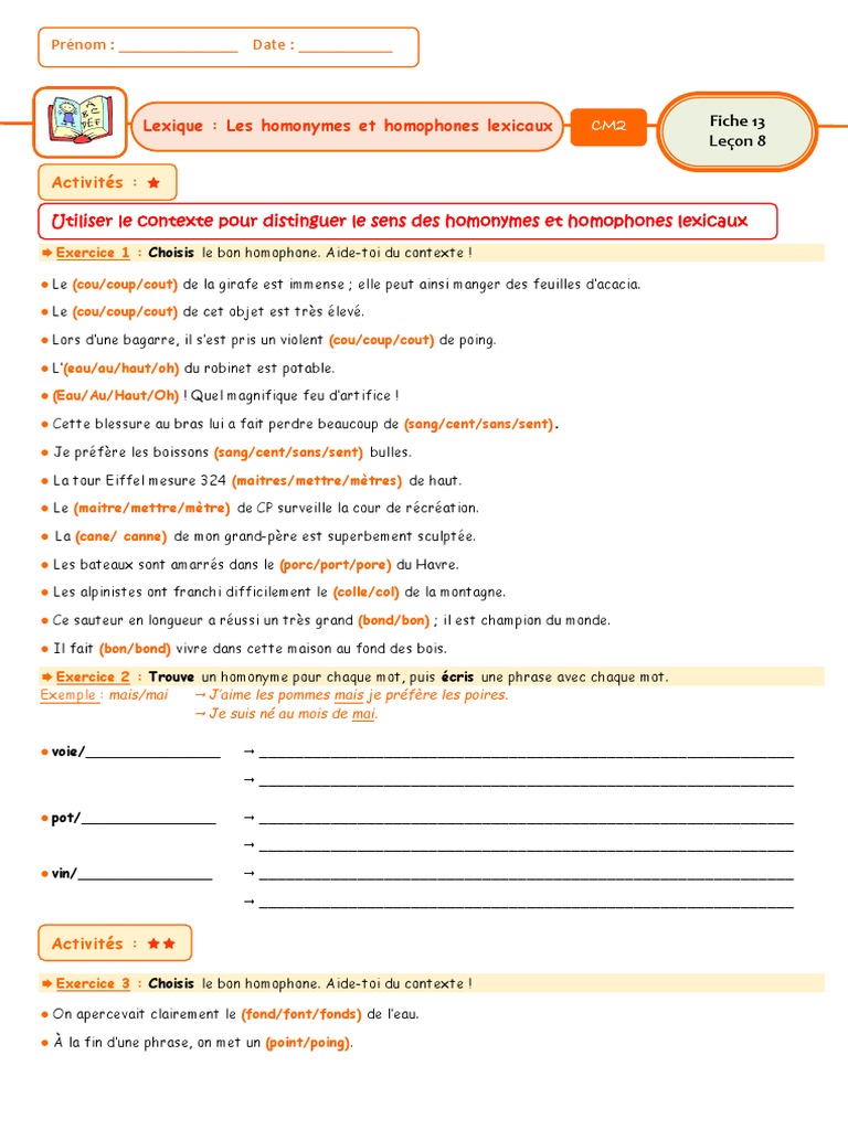 Fiche 13 Les Homonymes Et Homophones Lexicaux | PDF
