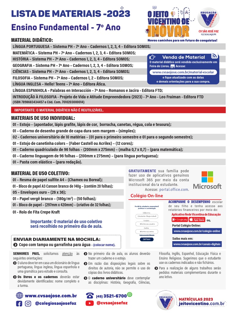 7o Ano 2023 Materiais | PDF | Papel