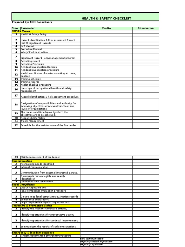 H&S Checklist | First Aid | Occupational Safety And Health