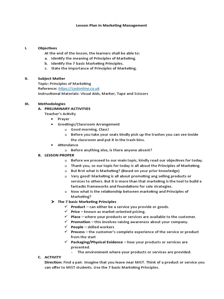 Lesson Plan in Marketing Management | Download Free PDF | Marketing | Lesson Plan