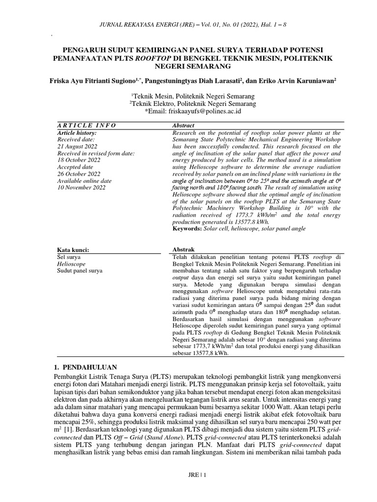 Pengaruh Sudut Kemiringan Panel Surya Terhadap Potensi Pemanfaatan Plts Rooftop Di Bengkel ...
