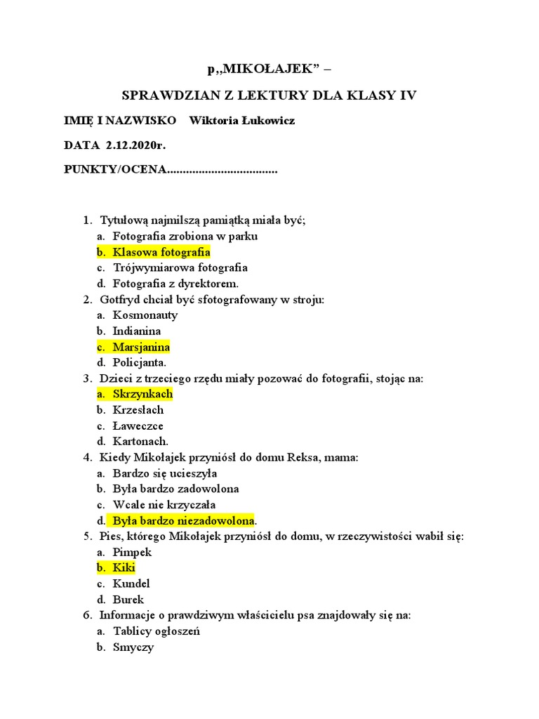 Mikołajek - Sprawdzian Z Lektury | PDF