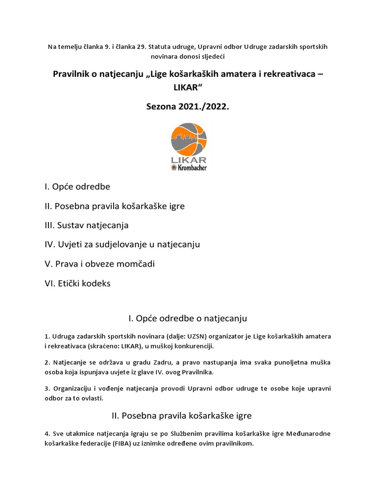 Pravilnik o Natjecanju - LIKAR 2022.n | PDF