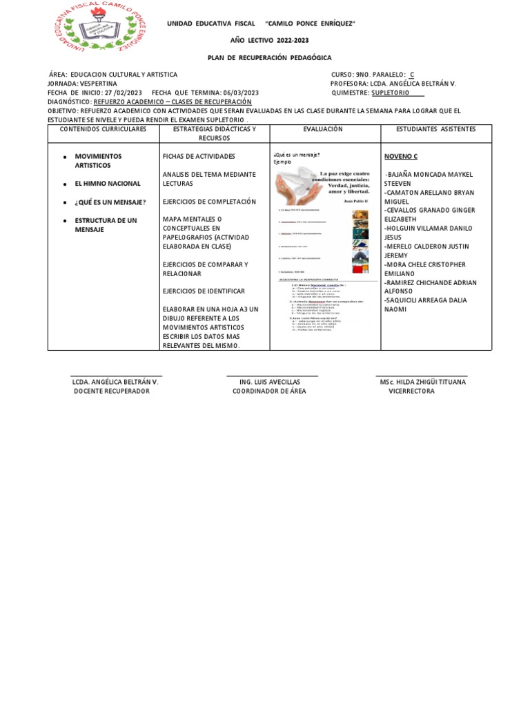 Plan Final de Recuperacion Eca 9no. 2023 | PDF | Aprendizaje | Modificación de comportamiento
