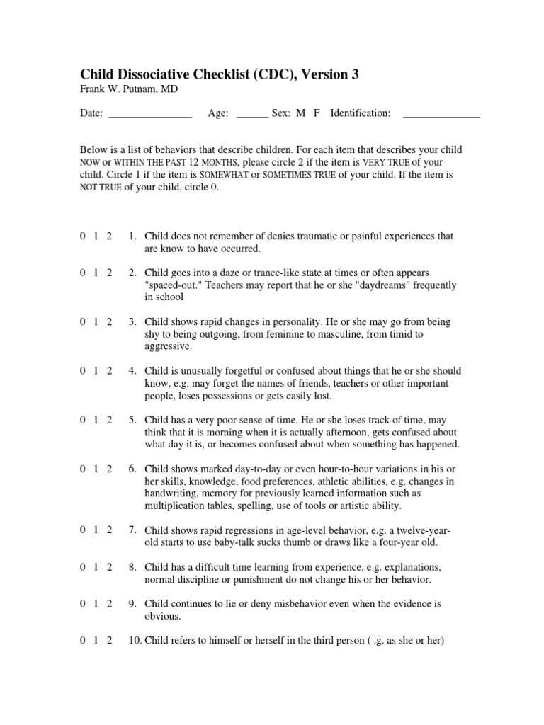 Child Dissociative Checklist | PDF | Psychology | Cognitive Science