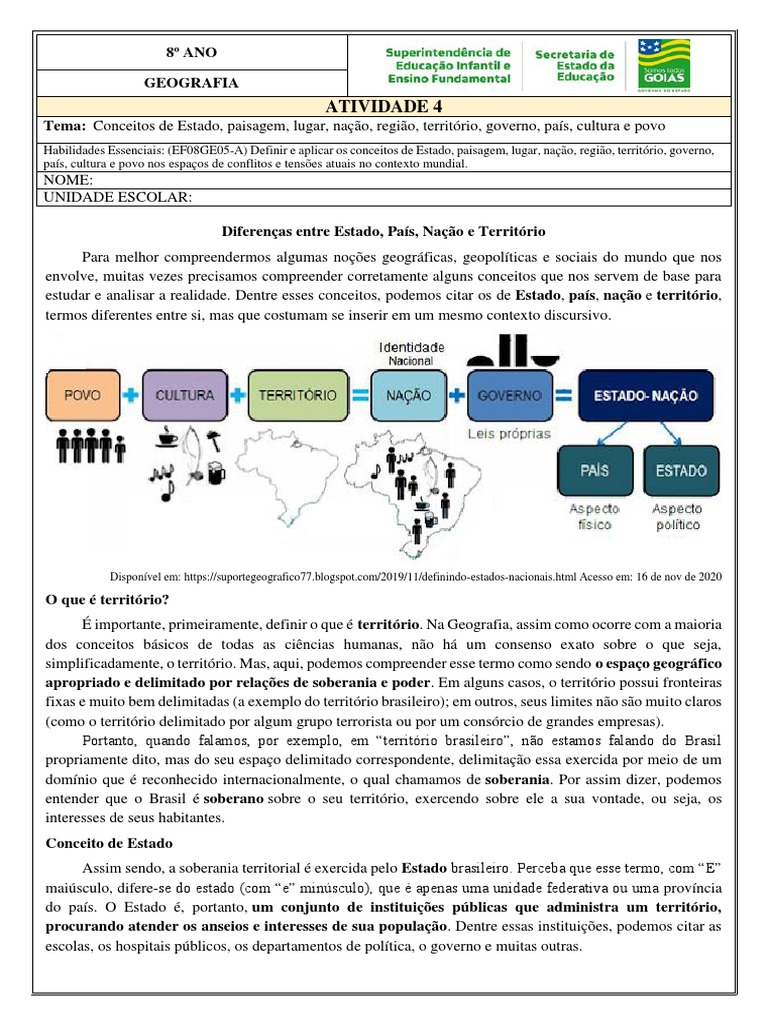 8o GEO Atividade 4 Estado Pais Nacao e Territorio Professor | PDF ...