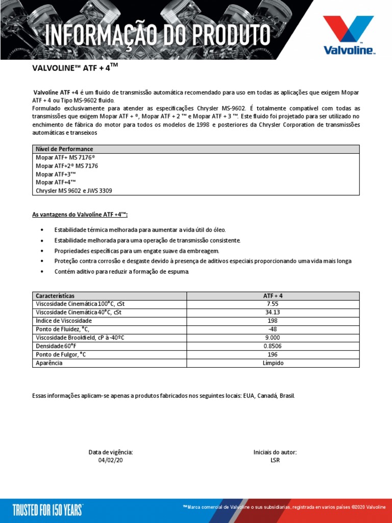 Ficha Tecnica Valvoline ATF 4 | PDF