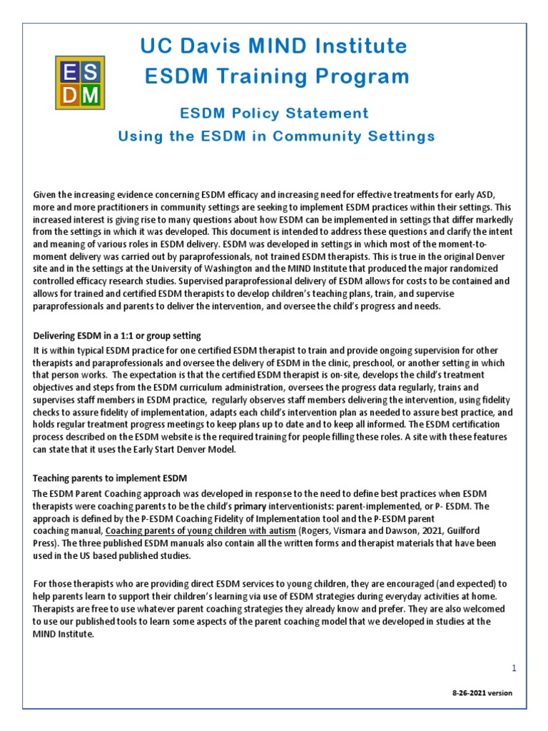 ESDM Policy Statement - 9-13-21 | PDF | Psychotherapy | Therapy