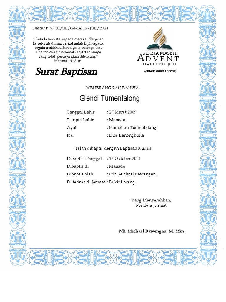 Surat Baptisan 01 Glendi | PDF