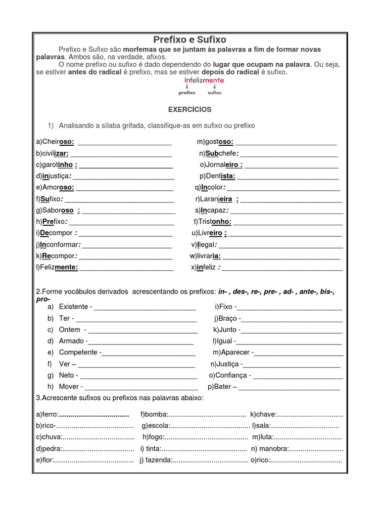Exercícios-Prefixo e Sufixo | PDF | Famílias linguísticas | Morfologia