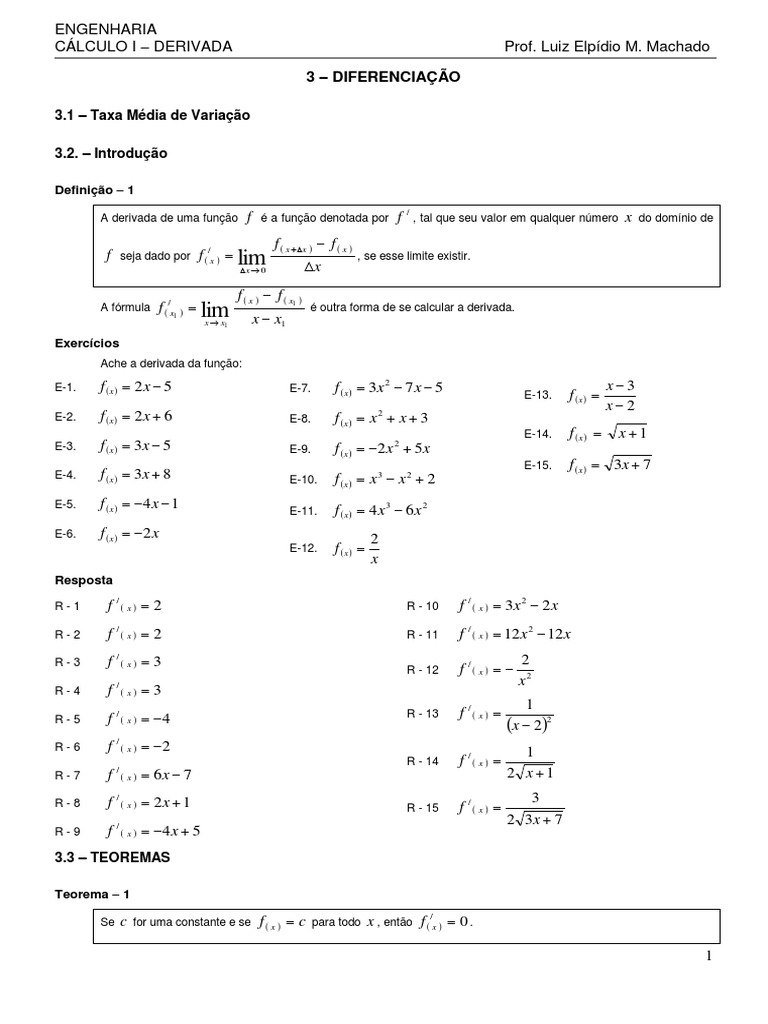 Apostila - Cálculo I - Derivada | PDF | Derivado | Cálculo