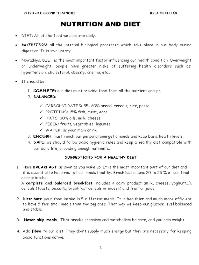 2ºeso Pe Notes | PDF | Foods | Diet (Nutrition)