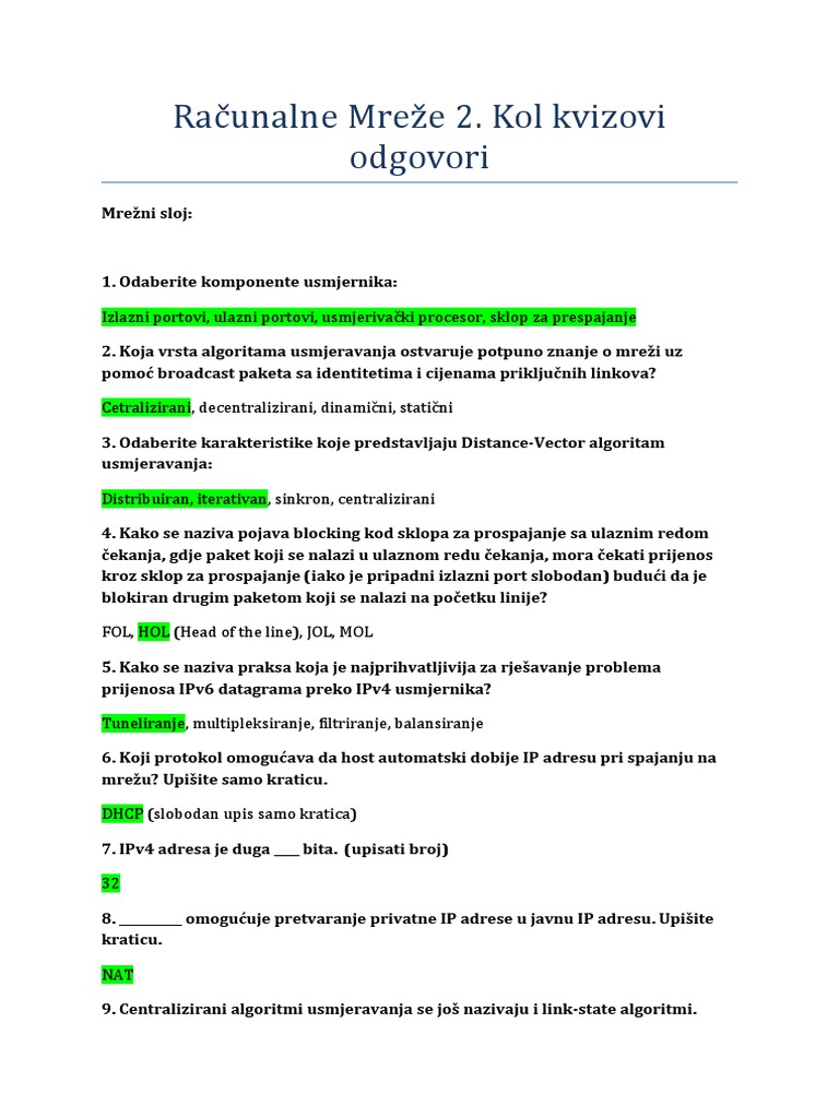Računalne Mreže 2 Kolok Kvizovi | PDF