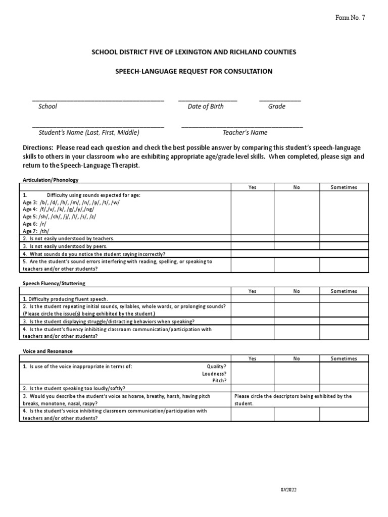 Speech-Language Consultation Request Form | PDF | Fluency | Question