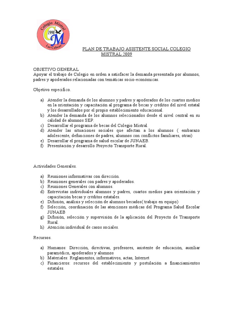 PDAPRPPP220091026Plan de Trabajo Asistente Social | PDF