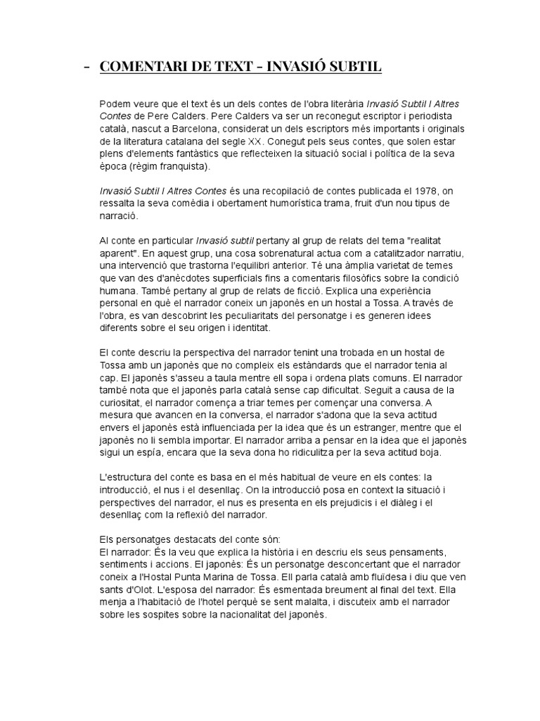 Comentari de Text - Invasió Subtil | PDF