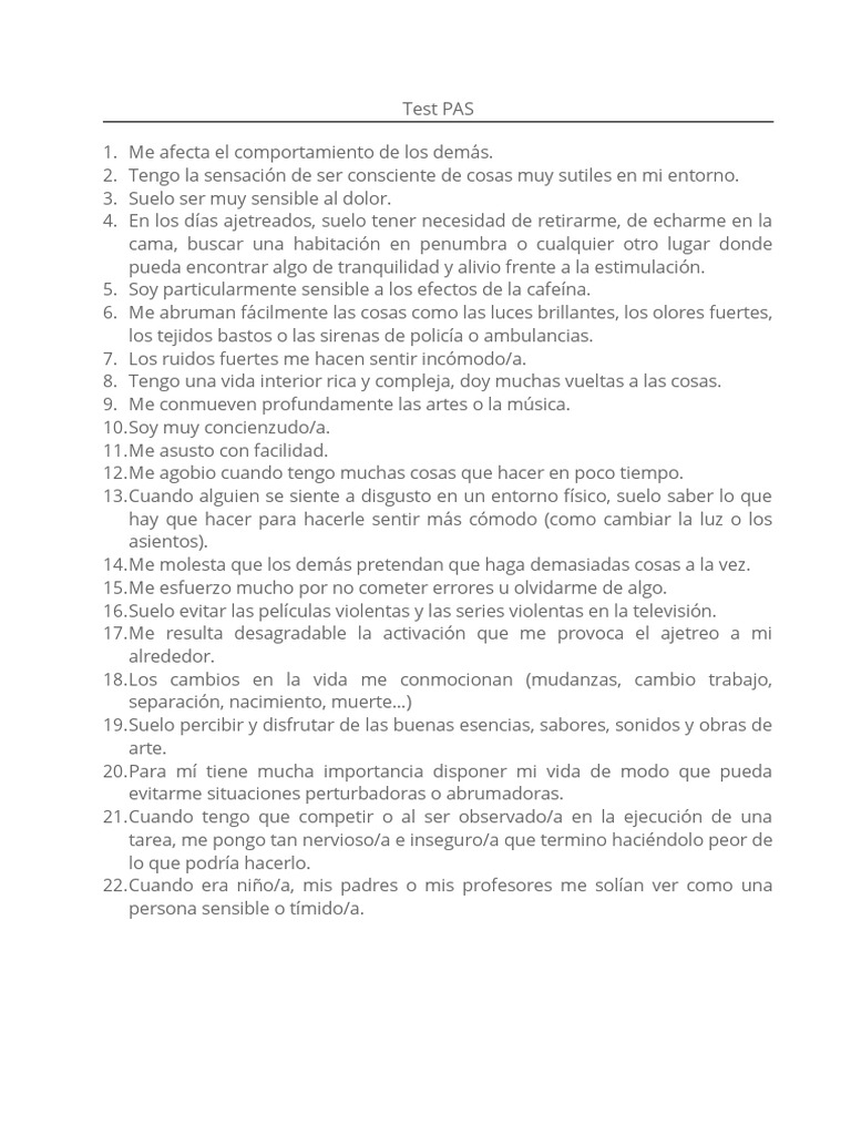 Test PAS: Sensibilidad y Comportamiento | PDF