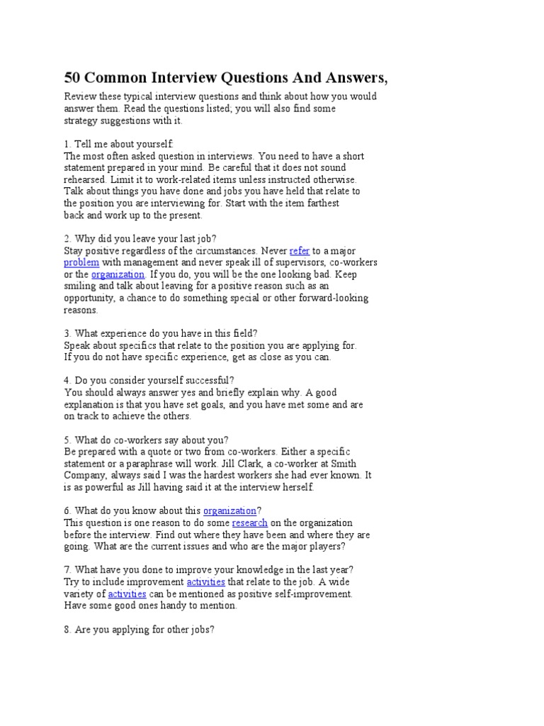 50 Common Interview Questions and Answers,: Refer Problem Organization ...