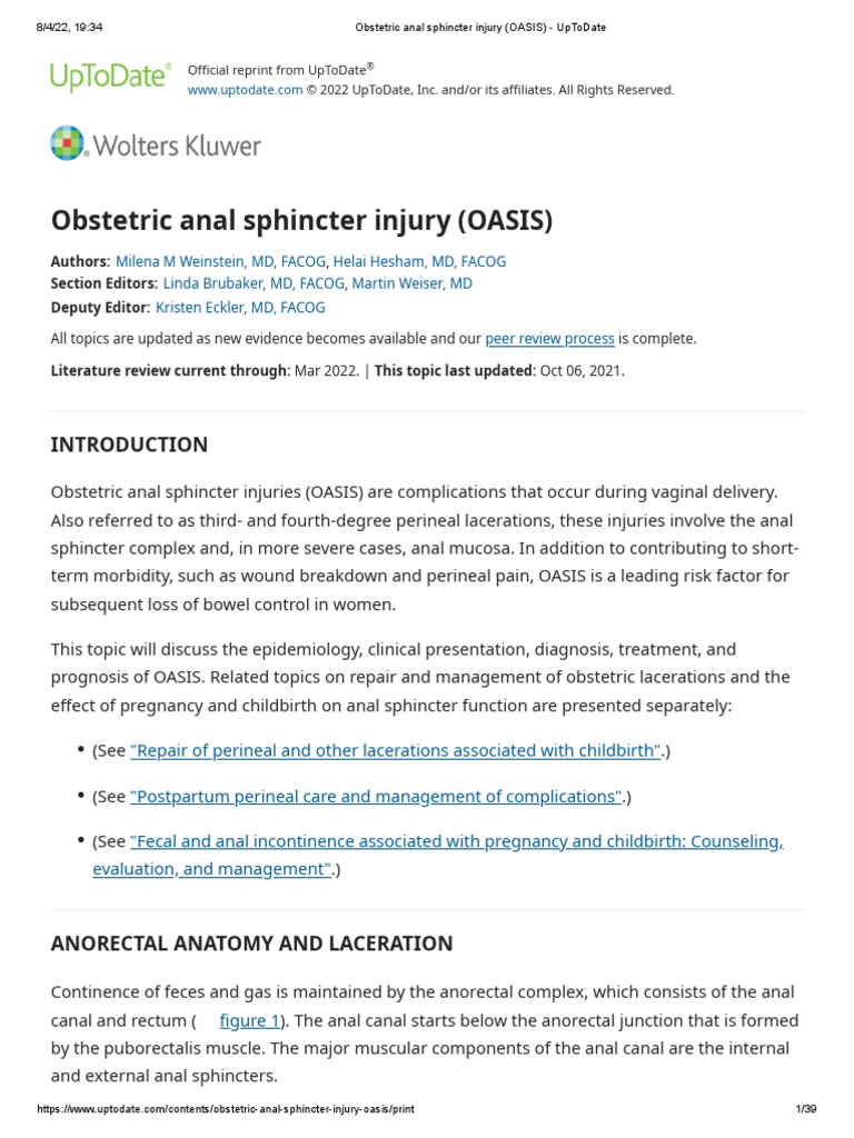 Obstetric Anal Sphincter Injury (OASIS) - UpToDate | PDF | Childbirth ...