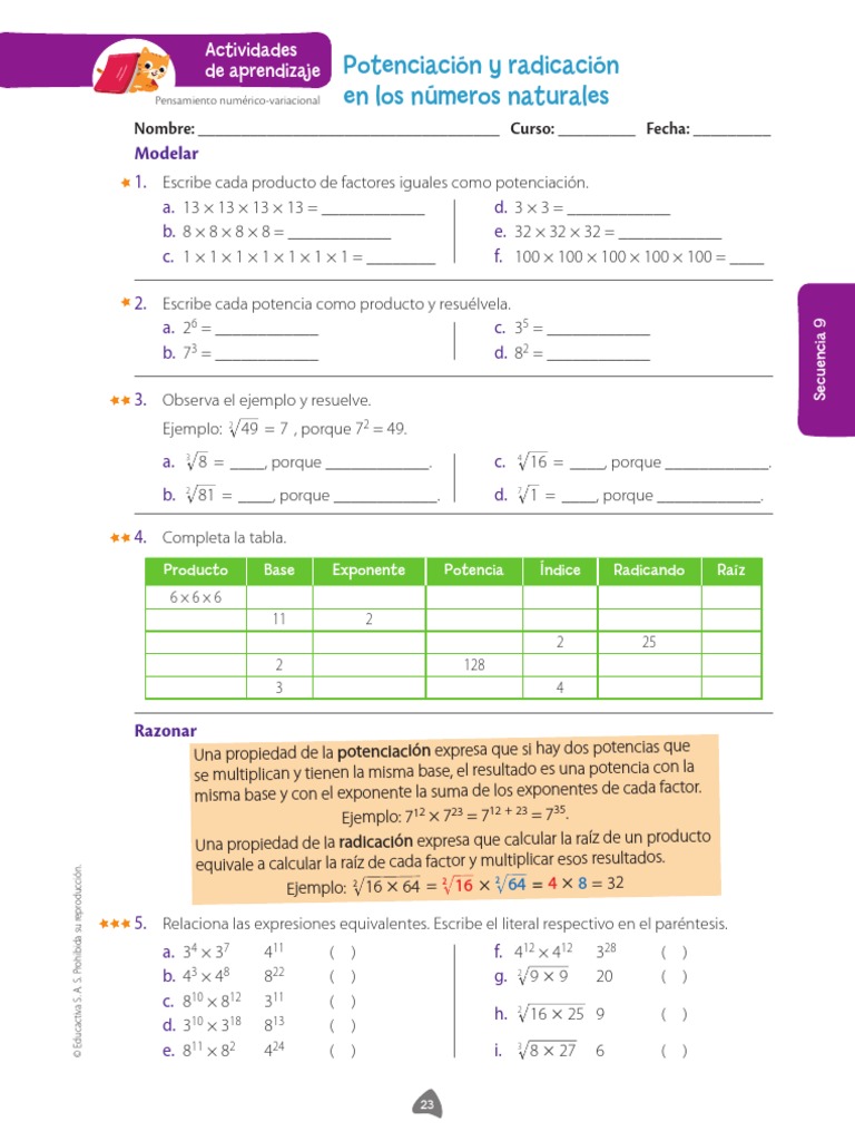 Potenciación y Radicación en Los Números Naturales: Actividades de Aprendizaje | PDF ...