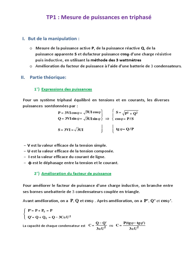 TP 1 Mesure de Puissances en Triphasé - Removed | PDF | Puissance (physique) | Condensateur