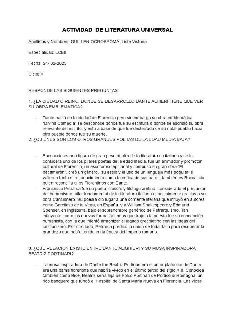 Actividad de Literatura Universal | PDF | Dante Alighieri