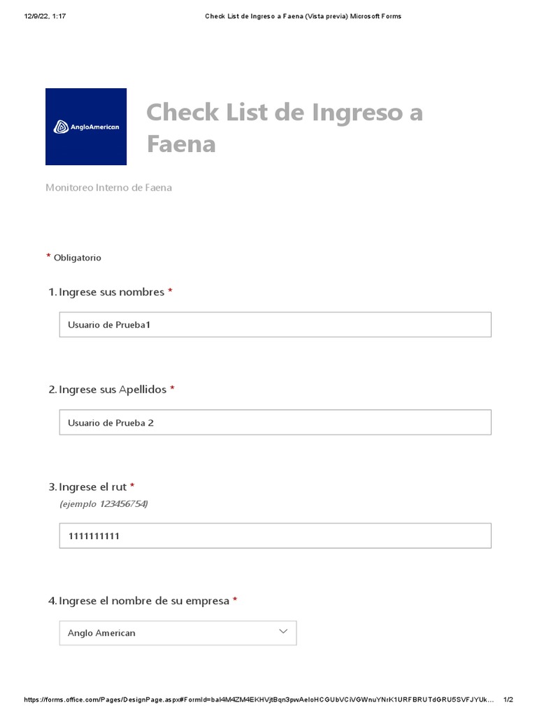 Check List de Ingreso A Faena (Vista Previa) Microsoft Forms | PDF