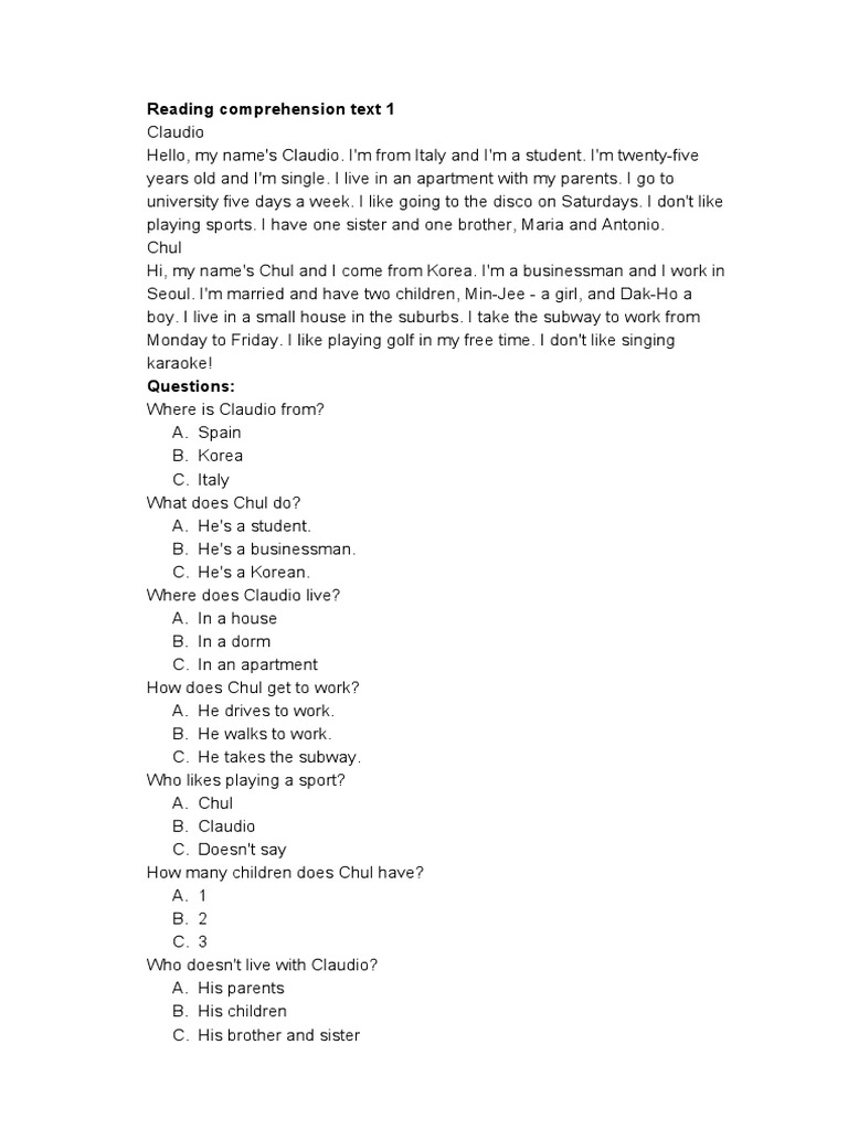 Reading Comprehension Text 1 | PDF