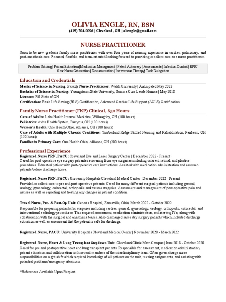 Olivia Engle NP Resume | PDF | Surgery | Nursing