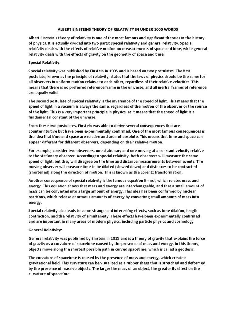 Albert Einsteins Theory of Relativity in Under 1000 Words | PDF ...