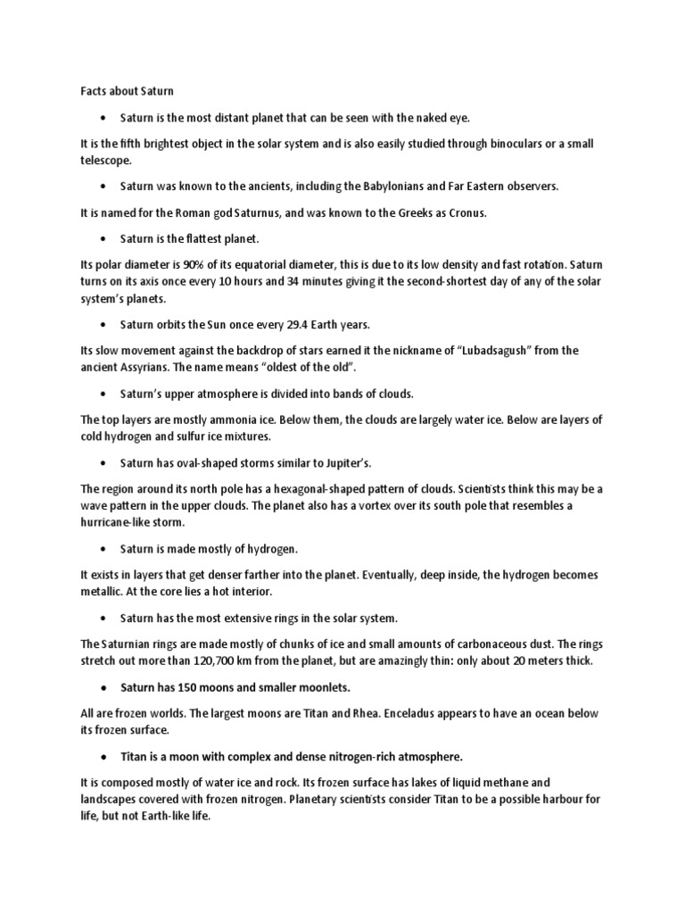 Facts About Saturn | PDF | Saturn | Jupiter