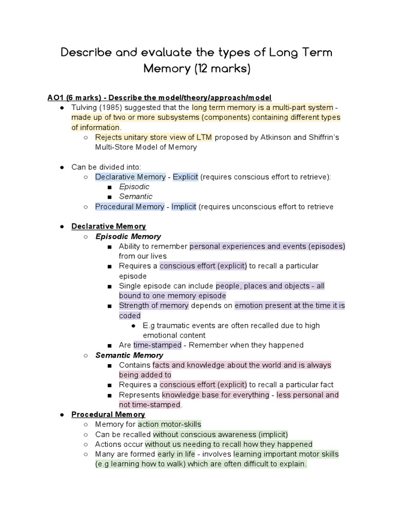 Types and Evaluation of Long Term Memory | PDF | Memory | Long Term Memory