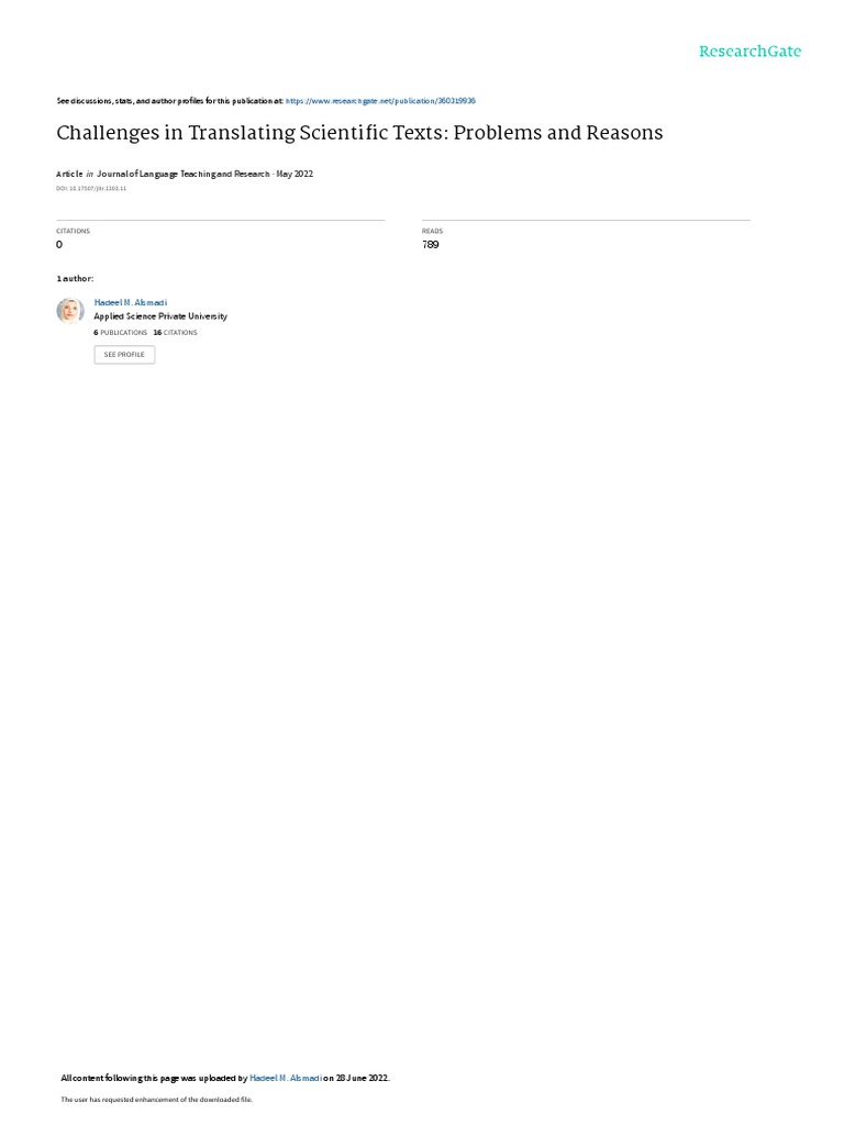 Challenges in Translating Scientific Texts | PDF | Translations | Linguistics