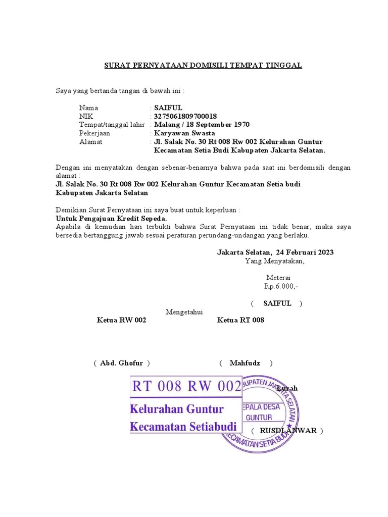 Surat Pernyataan Domisili Tempat Tinggal 2184 | PDF Surat Pernyataan Domisili Tempat Tinggal 2184 | PDF