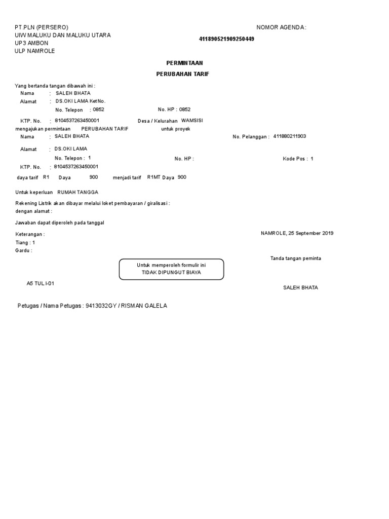 PT - PLN (Persero) Uiw Maluku Dan Maluku Utara Ulp Namrole Nomor Agenda: Up3 Ambon | PDF