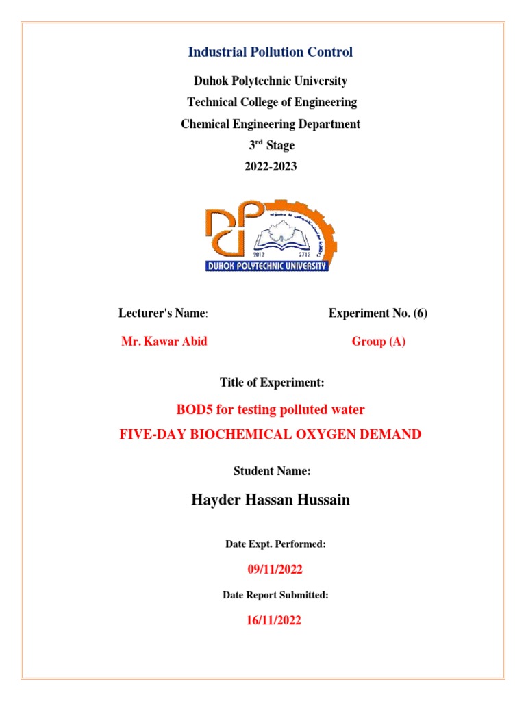 BOD5 For Testing Polluted Water FIVE-DAY BIOCHEMICAL OXYGEN DEMAND ...