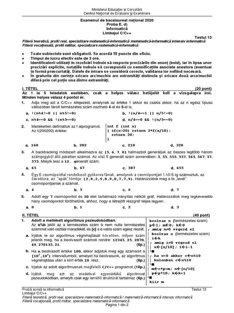 Bac 2020 E D Informatica MI C Test.13 LB - Maghiara | PDF