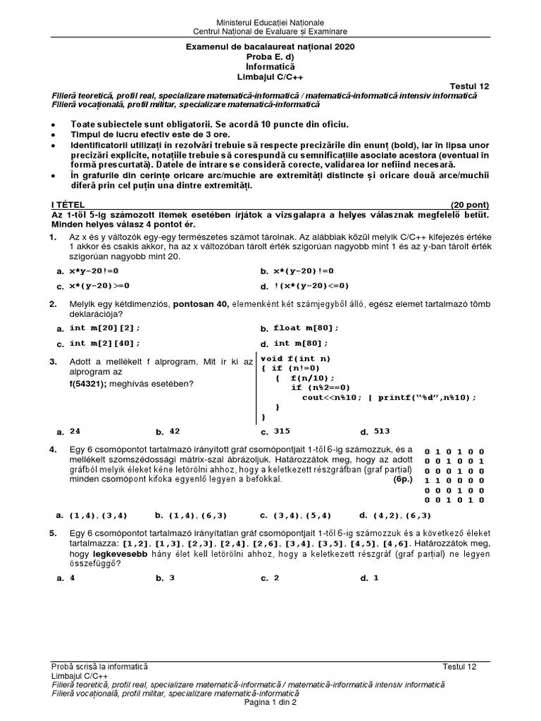 Bac 2020 E D Informatica MI C Test.12 LB - Maghiara | PDF