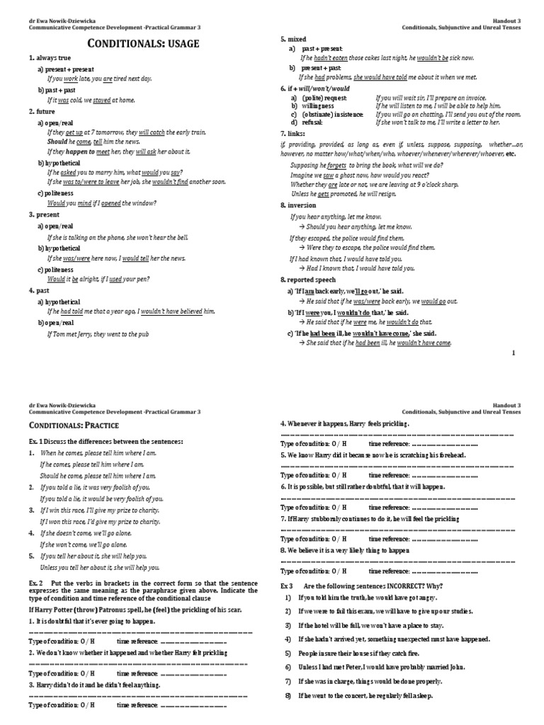 Handout 3 Conditionals Subjunctive and Unreal Tenses | PDF | Grammatical Tense | Grammar