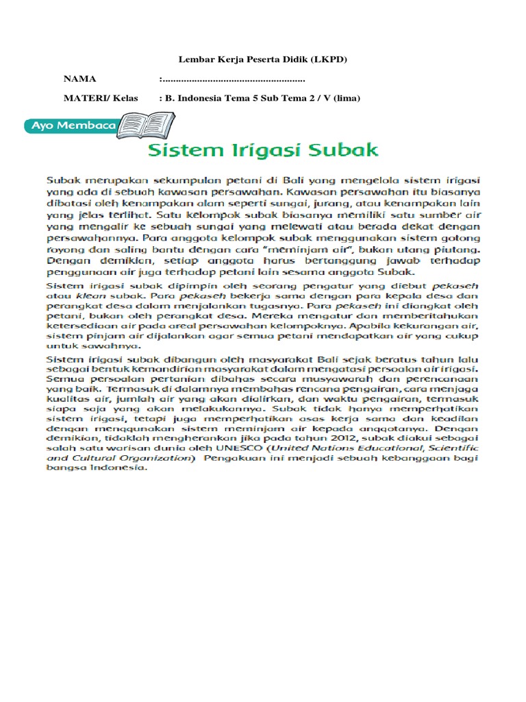 LKPD Irigasi Subak Kls 5 | PDF | Kajian Bahasa Asing | Komputer