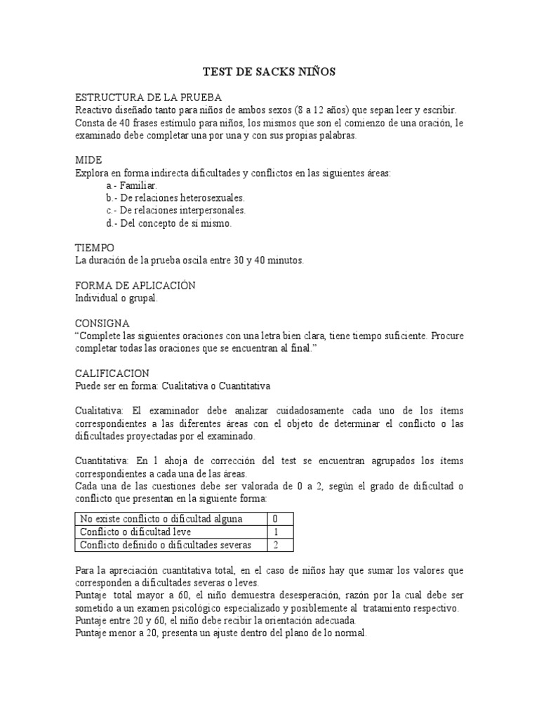 Test de Sacks para Niños: Evaluación Psicológica | PDF