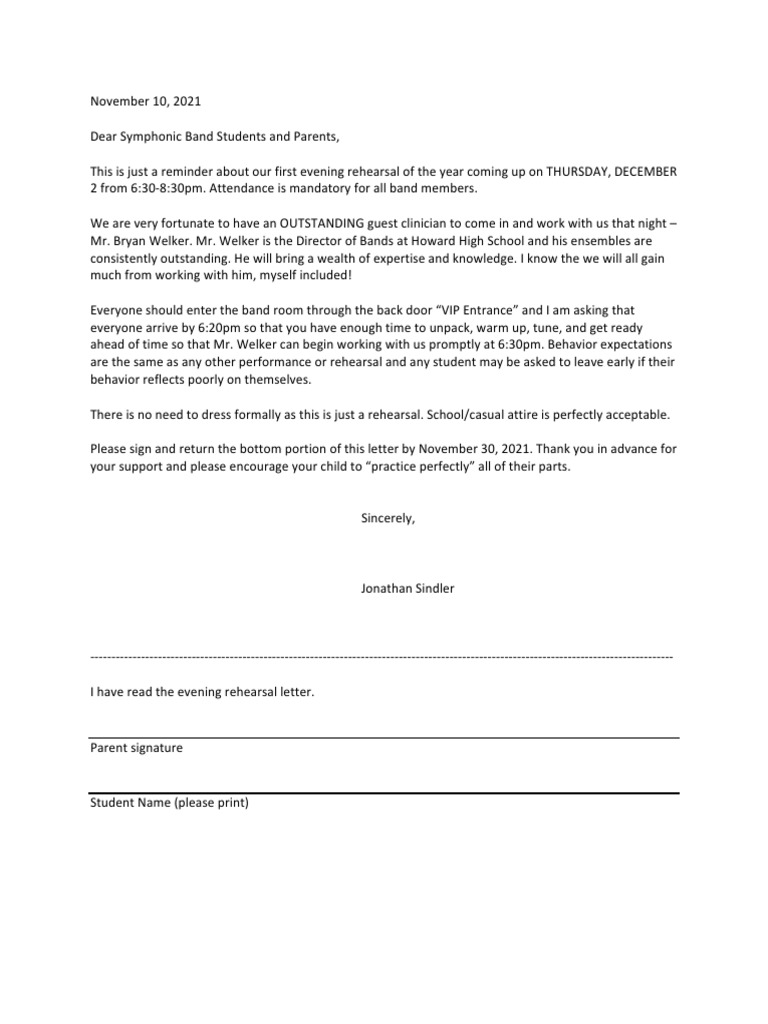 Evening Rehearsal Letter - Winter Concert 21 SB | PDF