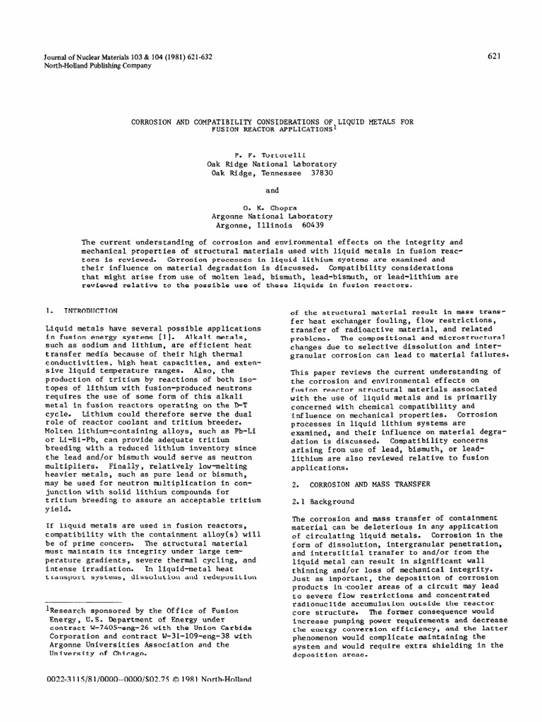Corrosion and Compatibility Considerations of Liquid Metals For Fusion ...